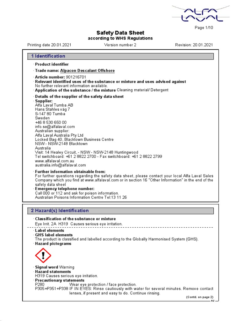 Alpacon Descalant Offshore Safety Data | PDF | Chemistry | Occupational ...