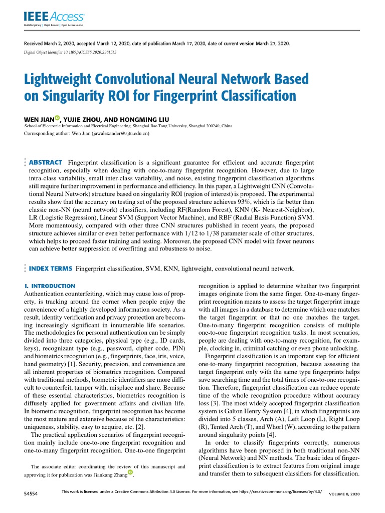 Lightweight Convolutional Neural Network Based On Singularity ROI For Fingerprint Classification ...