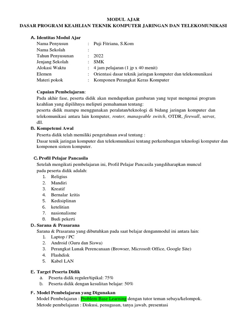 Modul AJAR DPKTKJT - PBL Komponen Perangkat Keras Komputer | PDF