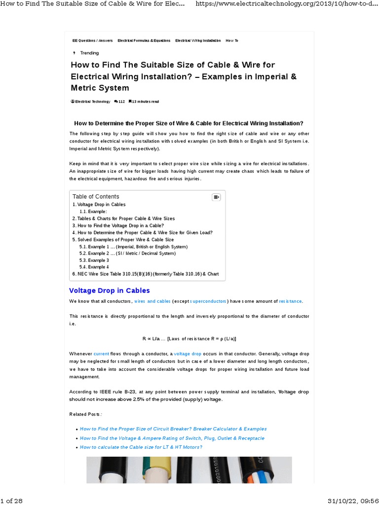 How To Find The Suitable Size of Cable & Wire For Electrical Wiring ...