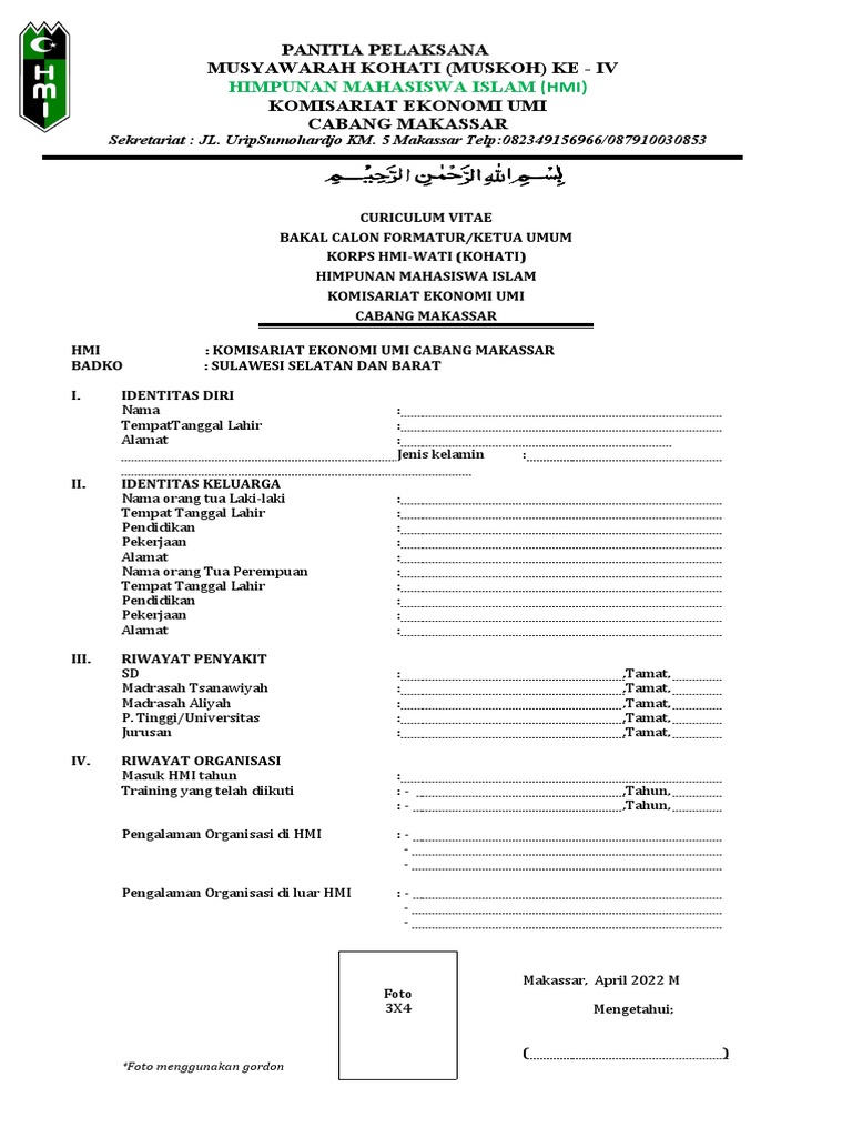 Formulir Pendaftaran Calon Kohati | PDF