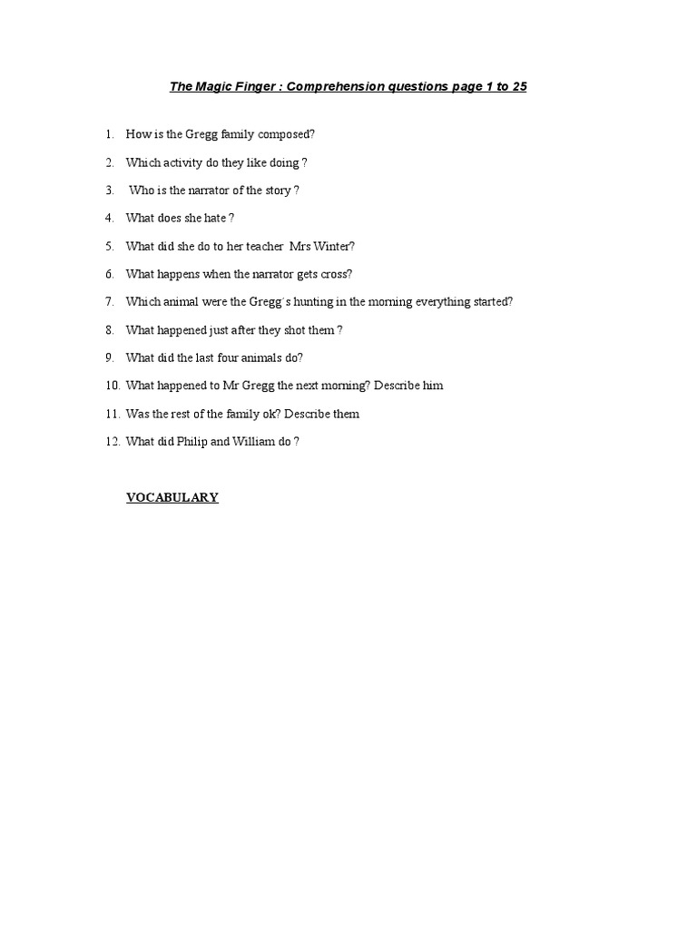 The Magic Finger - Comprehension Questions Page 1 To 25 | PDF