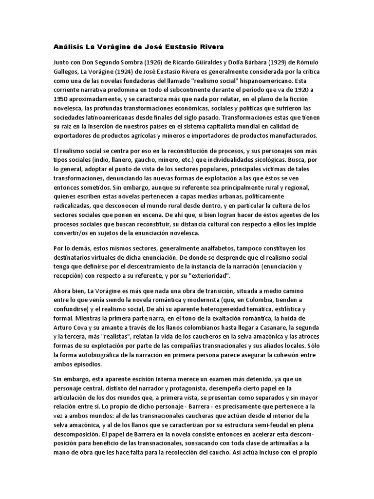 Análisis La Vorágine de José Eustasio Rivera | PDF