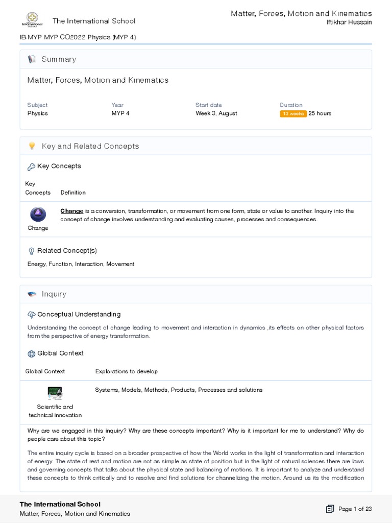 Matter, Forces, Motion and Kinematics | PDF | Force | Educational ...