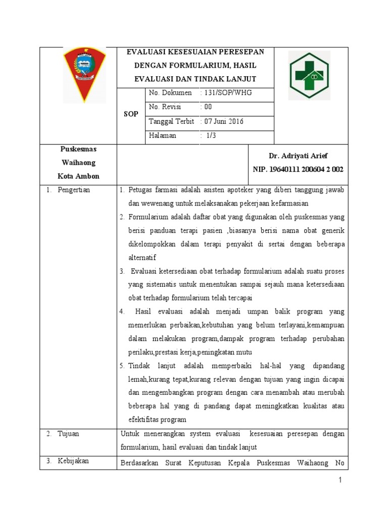 Sop EVALUASI KESESUAIAN PERESEPAN DENGAN FORMULARIUM | PDF | Pengembangan Diri