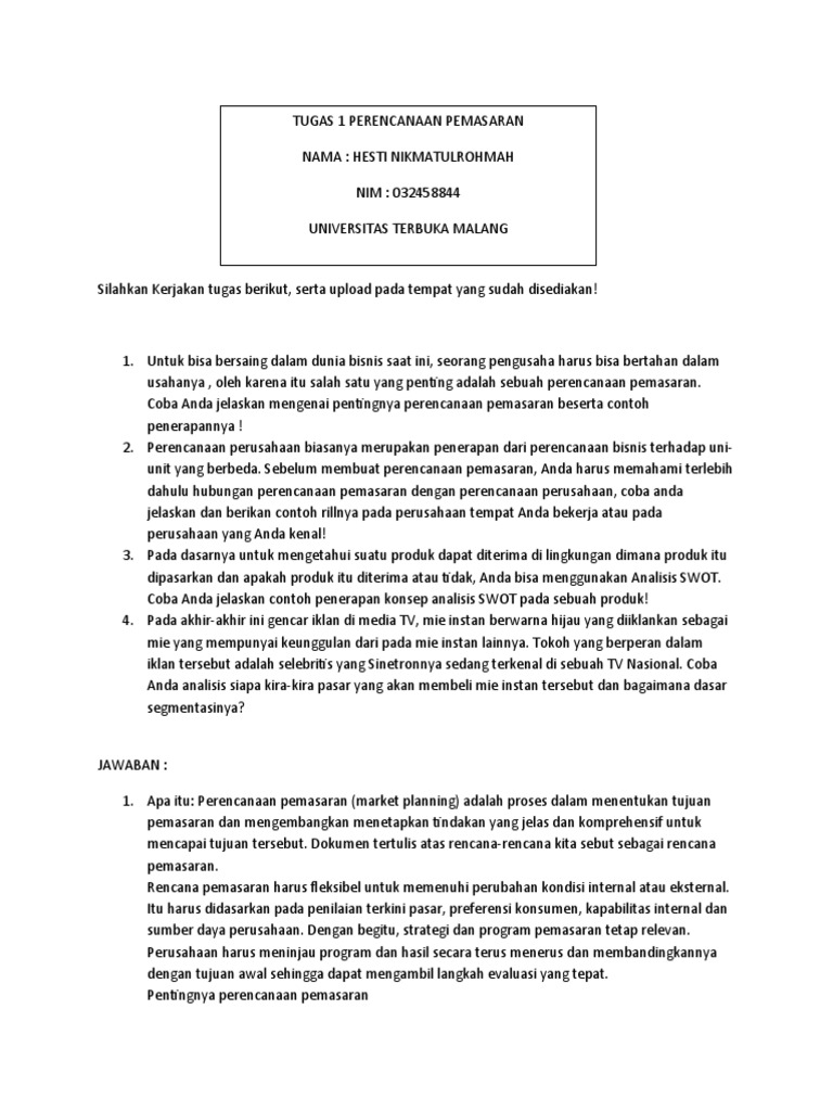 Tugas 1 Perencanaan Pemasaran | PDF