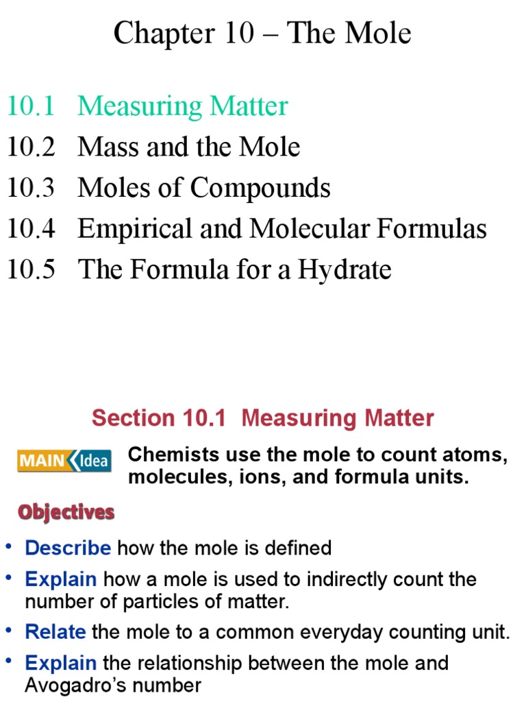 Chapter 10 - The Mole: 10.1 Measuring Matter | PDF | Mole (Unit ...
