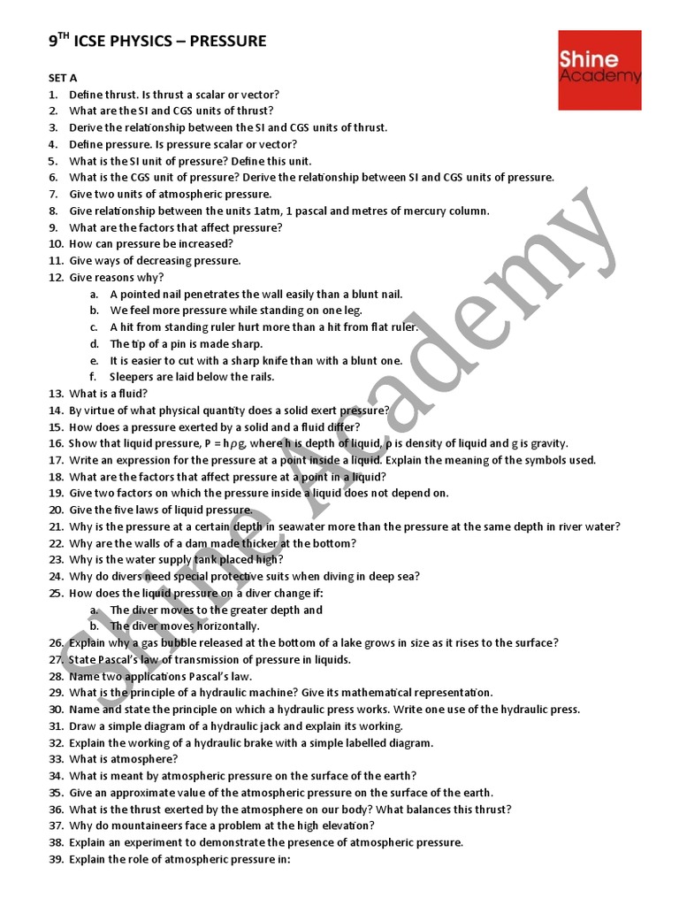 9th Icse - Pressure | PDF | Pressure | Atmospheric Pressure