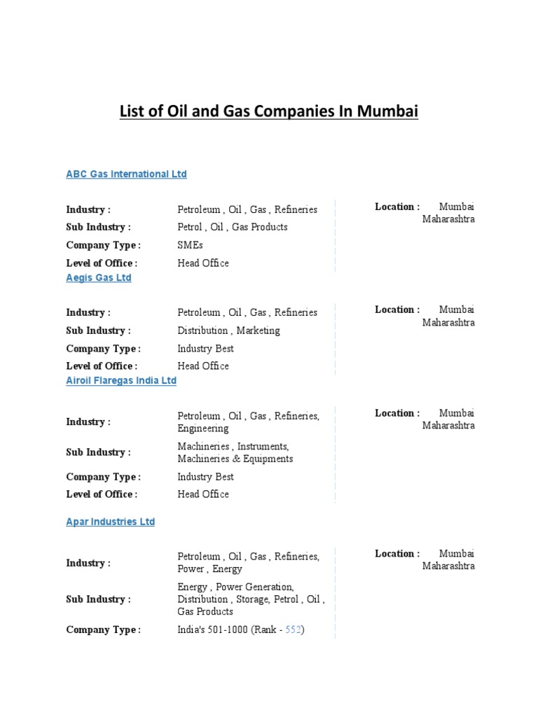 Mumbai Oil and Gas Companies List | PDF | Oil Refinery | Petroleum
