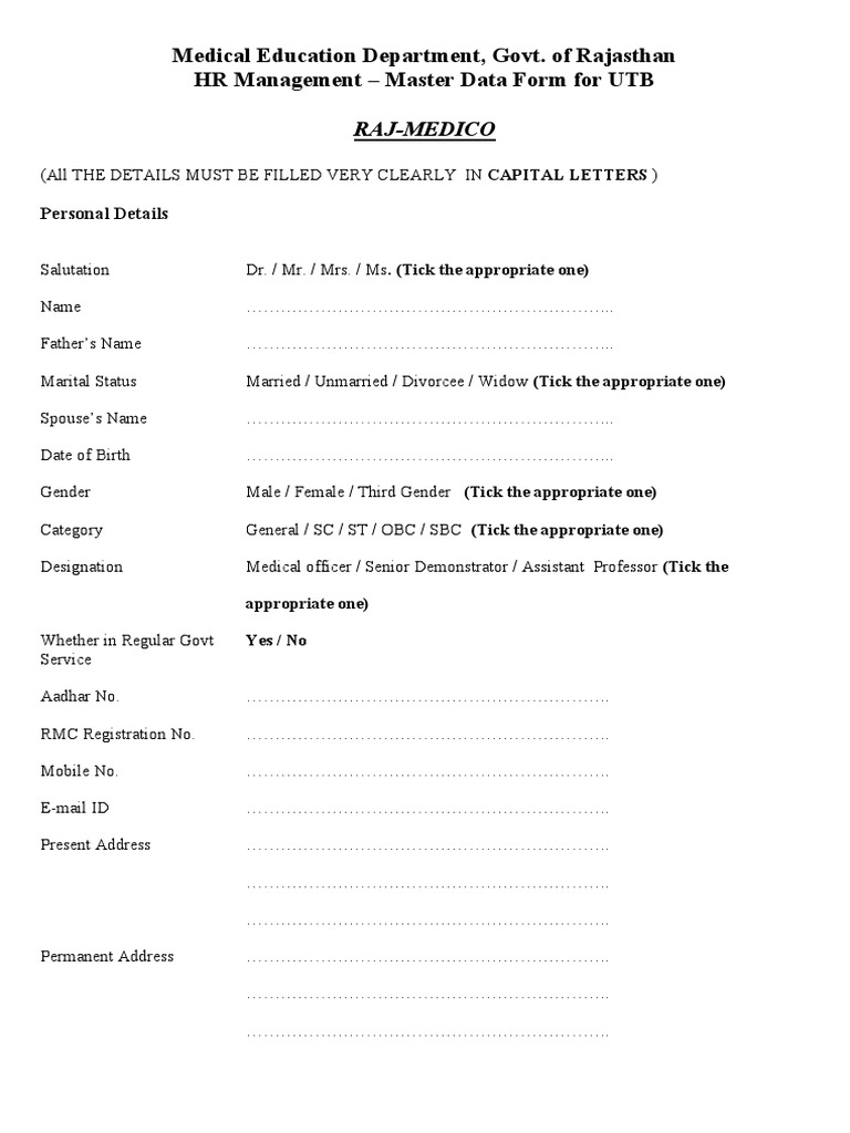 Master Data Form for Medical Education Department Staff: A Template for ...