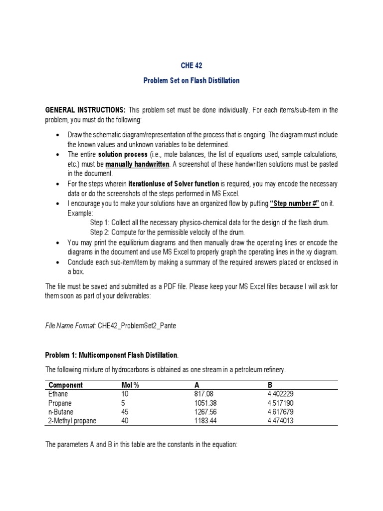 CHE 42 - Problem Set 2 - Flash Distillation | PDF | Physical Chemistry | Applied And ...