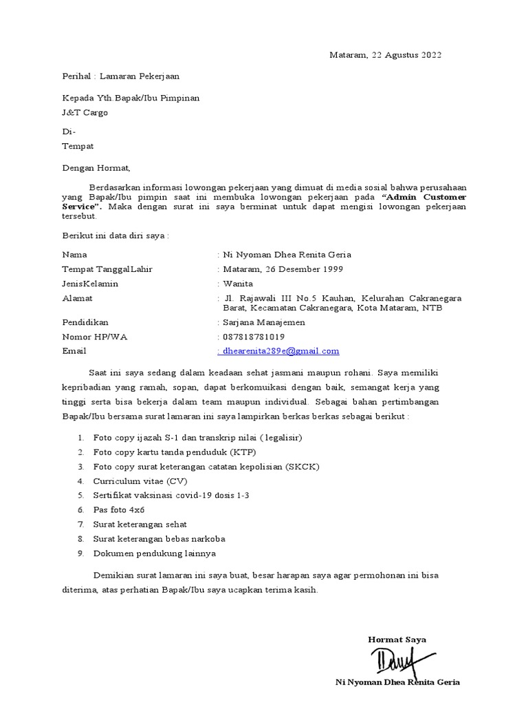 Surat Lamaran Dhea J&T Cargo | PDF