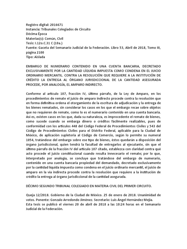 Embargo de Numerario Contenido en Una Cuenta Bancaria, Decretado ...