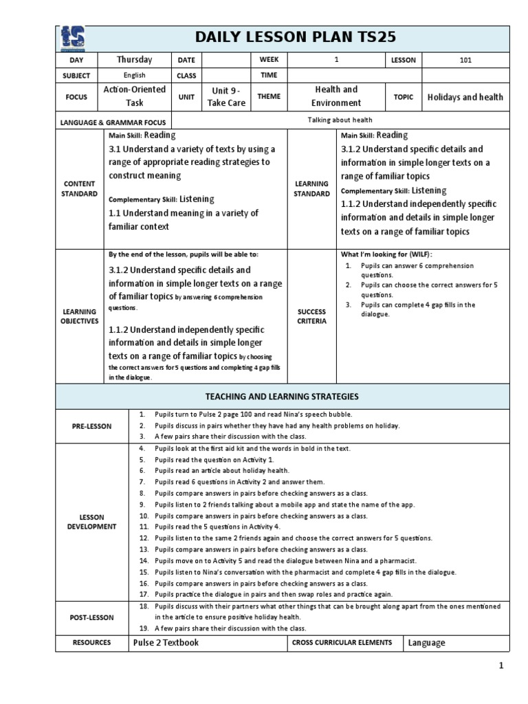 Form 2 Lesson 101 Action Oriented Task | PDF | Reading Comprehension | Behavior Modification