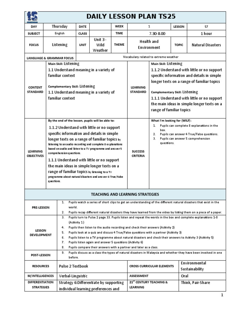 Daily lesson plan on natural disasters | PDF | Reading Comprehension | Education Theory