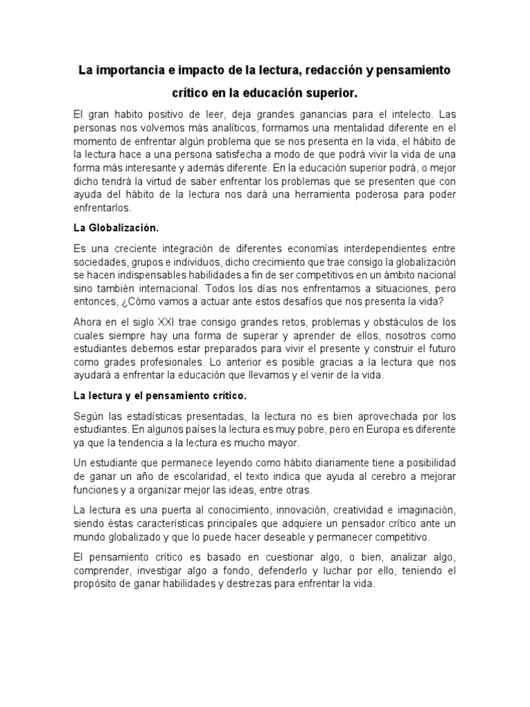 La Importancia e Impacto de La Lectura, Redacción y Pensamiento | PDF ...