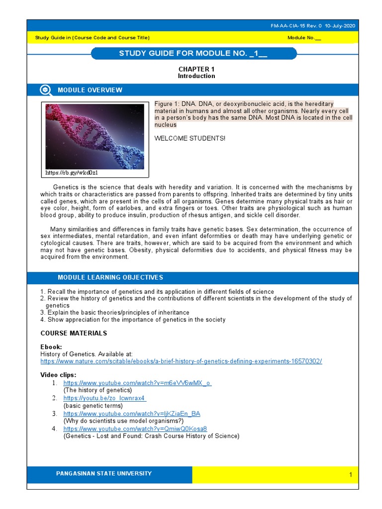 Study Guide 1 Genetics Pdf Genetics Gene