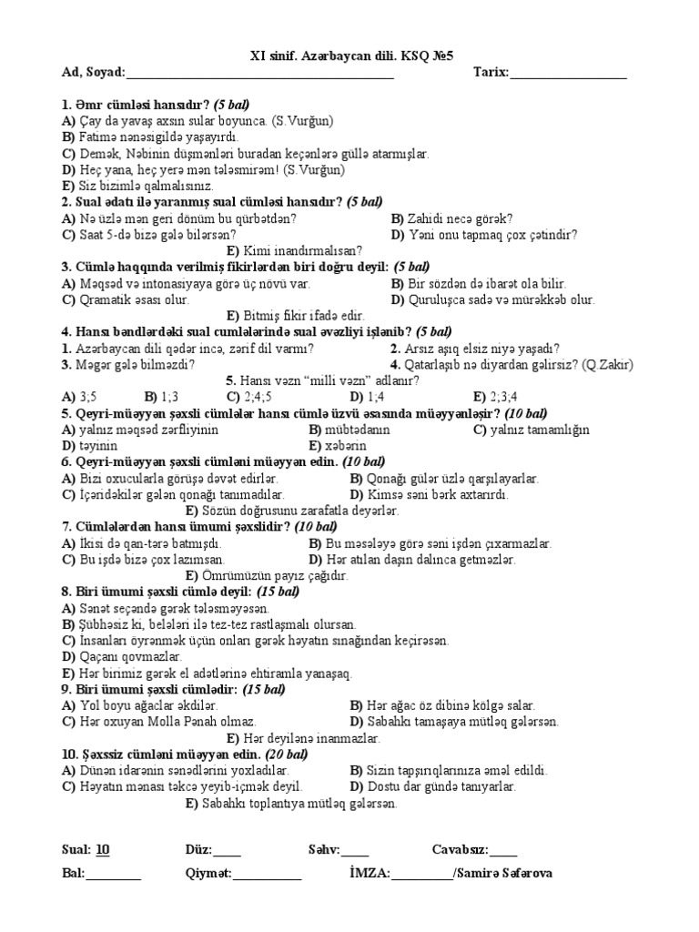11-ci sinif Azərbaycan dili ksq5 | PDF