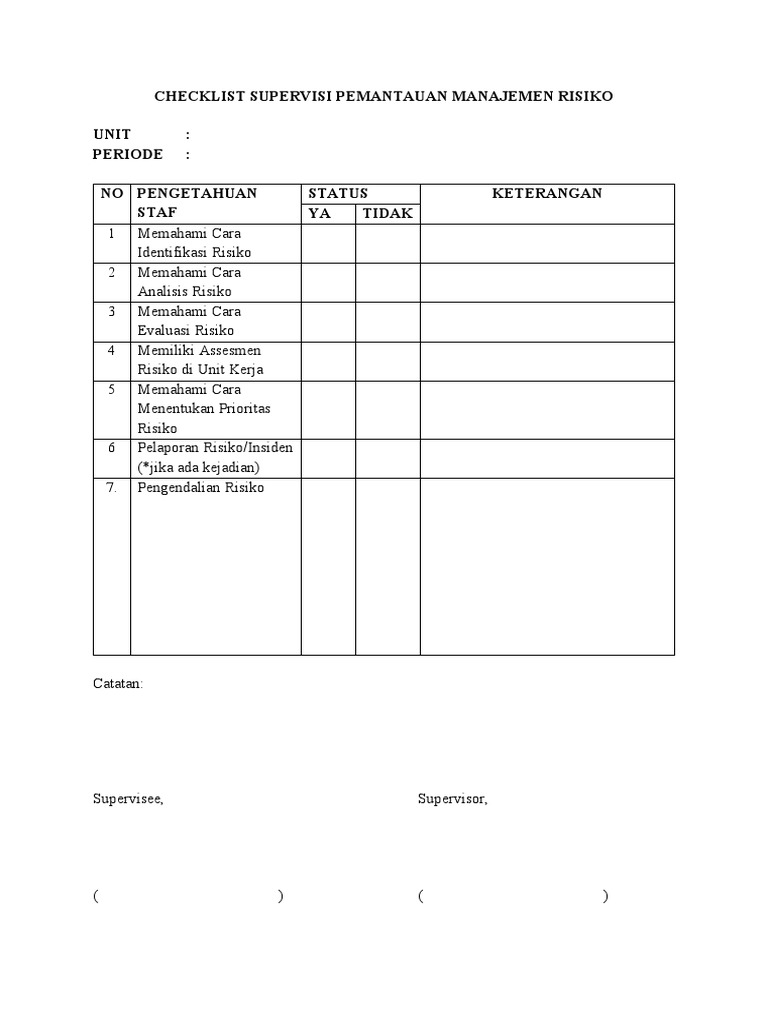 Checklist Supervisi Pemantauan Manajemen Risiko | PDF