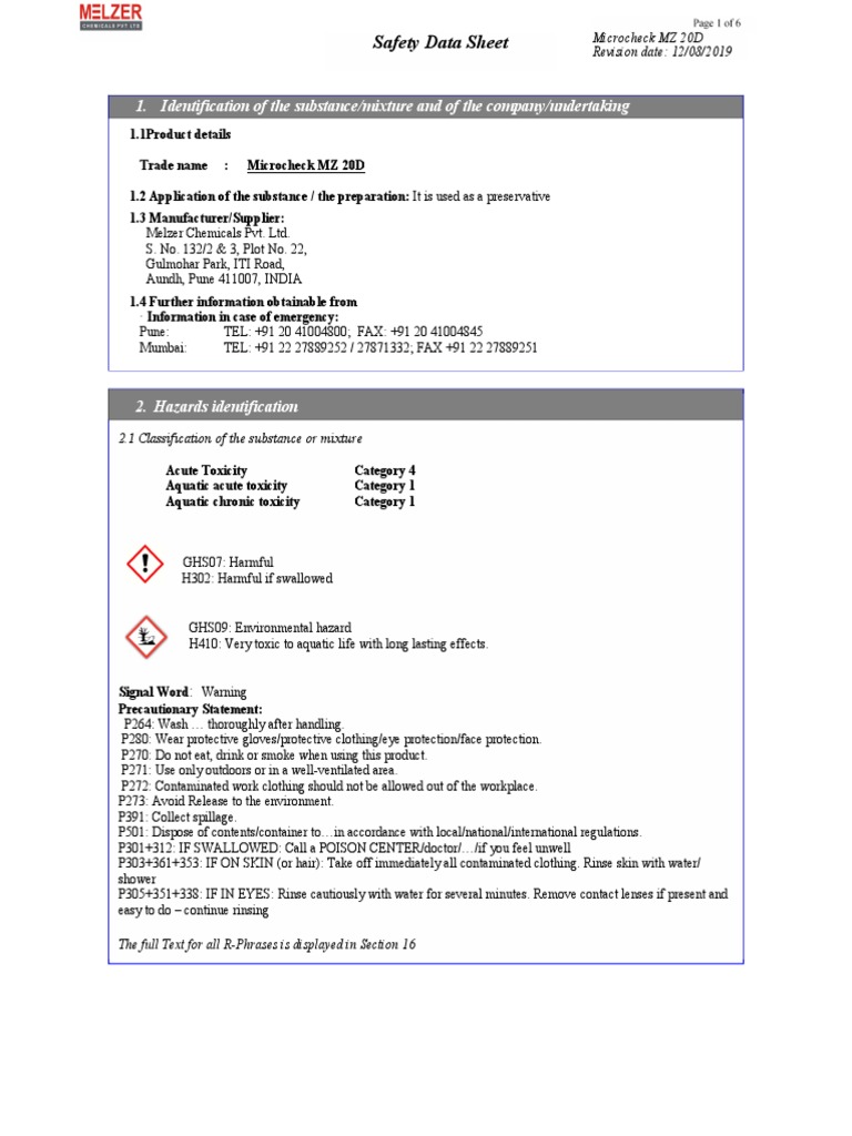 Safety Data Sheet for Microcheck MZ 20D: A Preservative Used in Various Applications | PDF ...