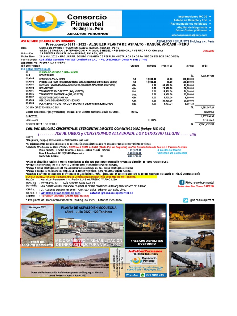 COTIZACION #0919-2022 ALQUILER PLANTA DE ASFALTO RAQUIA ANCASH - (W) +51 943 917 482 - 21 Oct ...