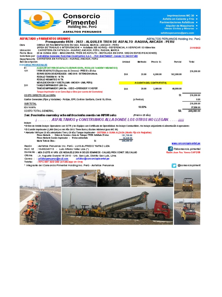 COTIZACION #0920-2022 ALQUILER TREN DE ASFALTO RAQUIA ANCASH - 21 OCT. 2022 - Cel. +51 943 917 ...