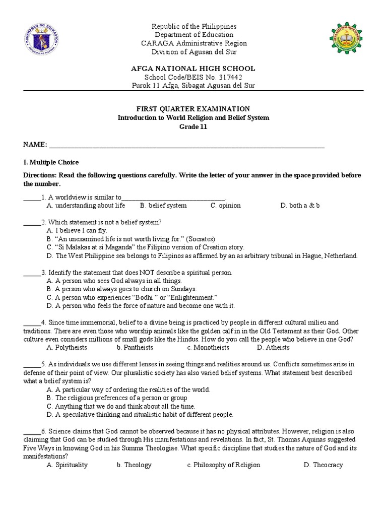 First Quarter Examination on Introduction to World Religion and Belief ...