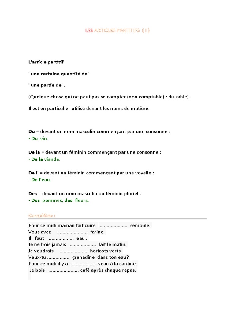 Les Articles Partitifs | PDF | Nourritures | Nourriture et boisson