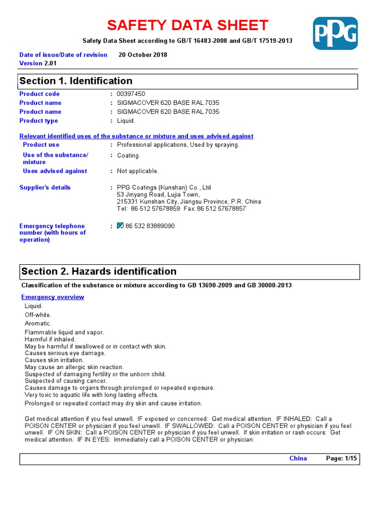 SIGMACOVER 620 Safety Data Sheet | PDF | Toxicity | Firefighting
