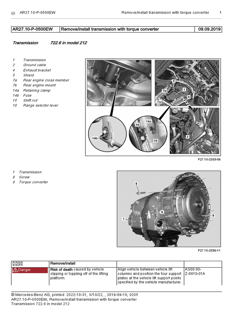 Transmission 722.6 in Model 212: AR27.10-P-0500EW Remove/install Transmission With Torque ...