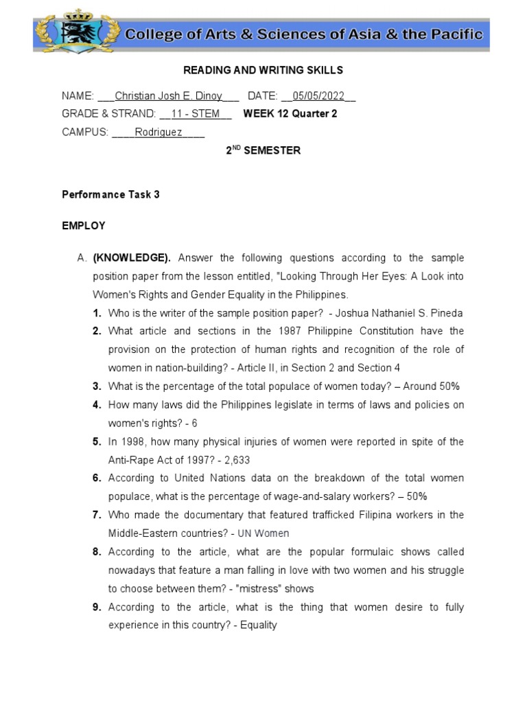wvtxhv59b - Reading & Writing Skills Performance Task 3 | PDF | Applied ...