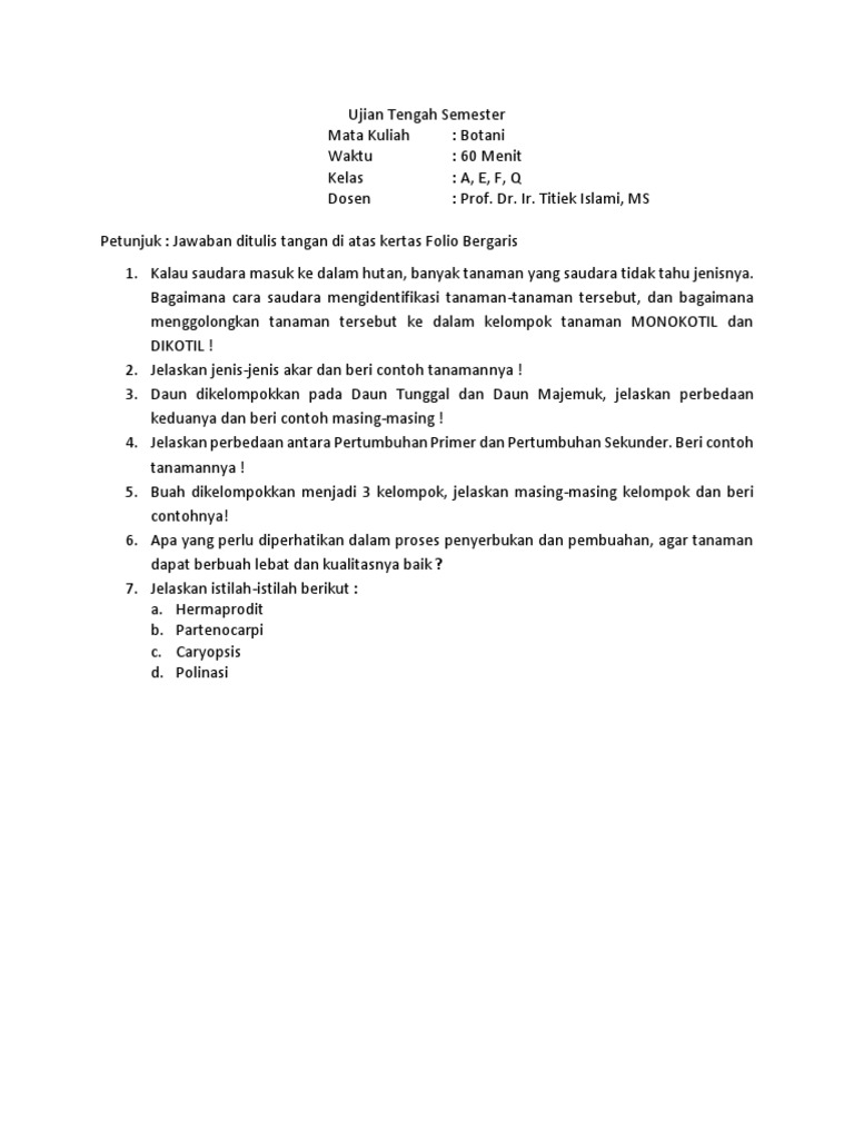 Soal Uts Botani Semester Ganjil 2021 - 2022 | PDF