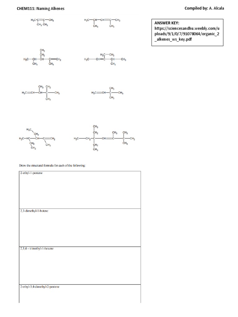 CHEM111 - Naming Alkenes Worksheet | PDF