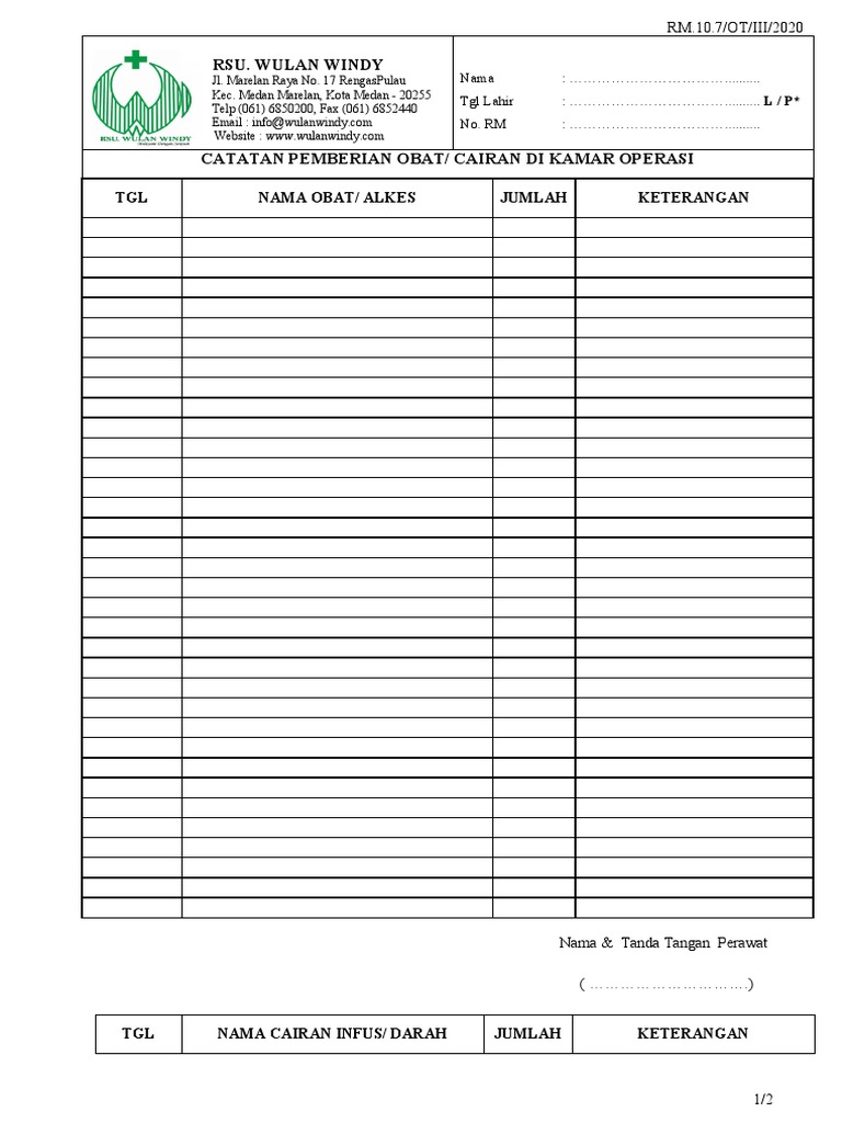 Form Catatan Pemberian Obat Dan Cairan Di Kamar Operasi | PDF