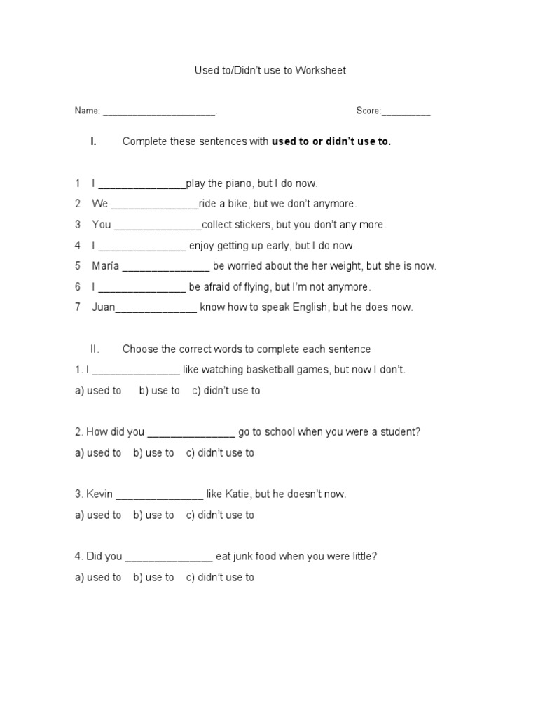 Used to/Didn't Use to Practice Worksheet | PDF | Language Arts ...
