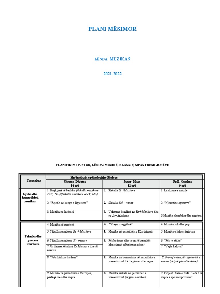 Muzika 9 - Plani Mesimor 2022-2023 Pegi | PDF
