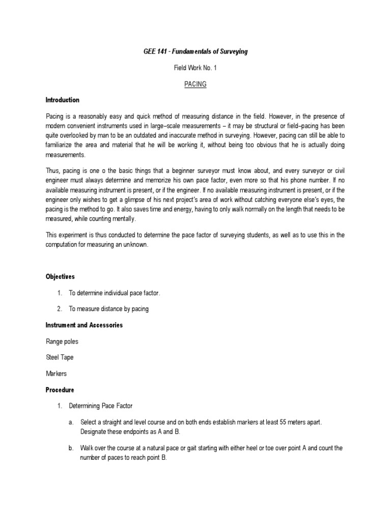 Field Work No.1. (Pacing) | PDF | Surveying | Distance