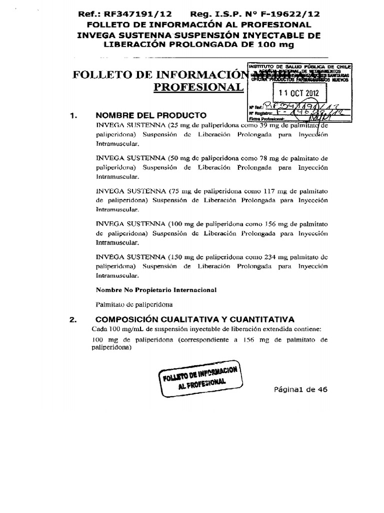 Invega Sustenna Suspension Inyectable Liberacion Prolongada 100mg | PDF