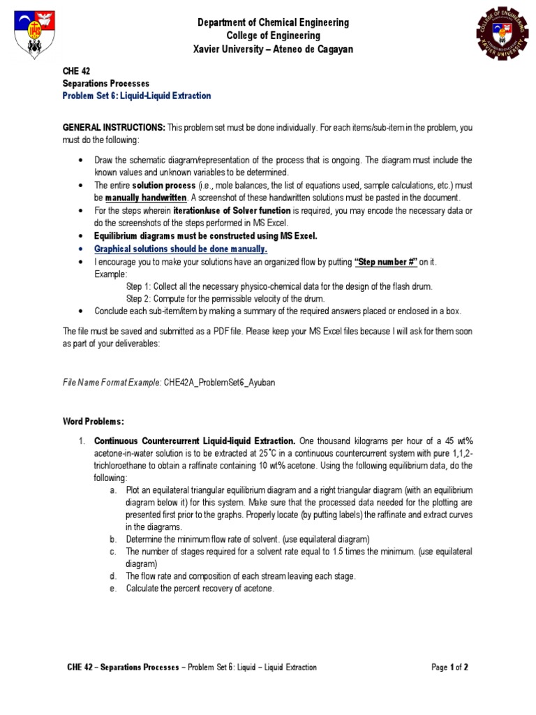 CHE 42 - Problem Set 6 - Liquid - Liquid Extraction | PDF | Phase ...