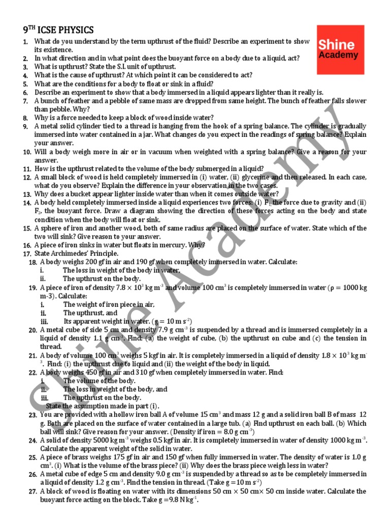 9TH - Icse - Physics - Preboard Worksheet | PDF | Buoyancy | Density