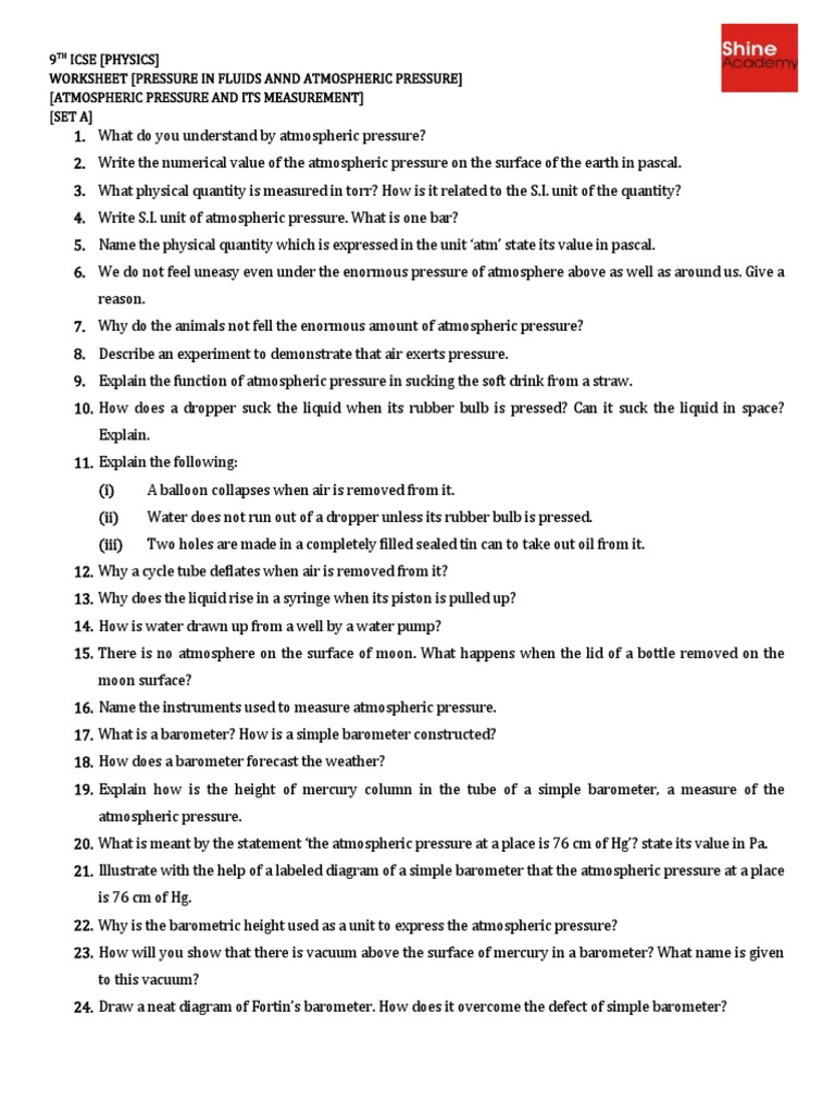 Class 9 Worksheet on Atmospheric Pressure | PDF | Pressure ...