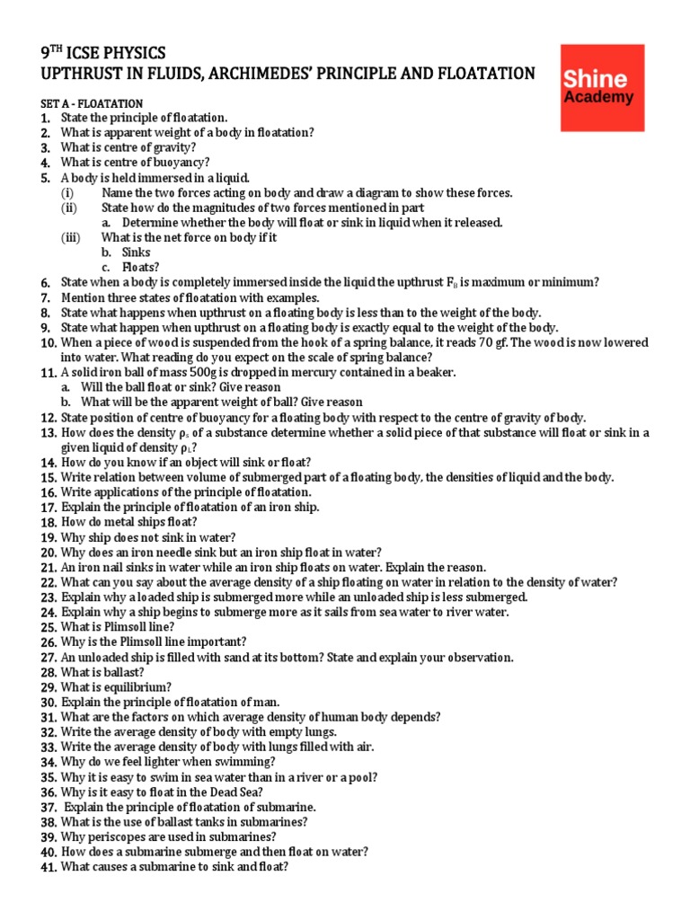9TH - Icse - Physics - Worksheet - Upthrust in Fluids, Archimedes' Principle and Floatation 3 ...