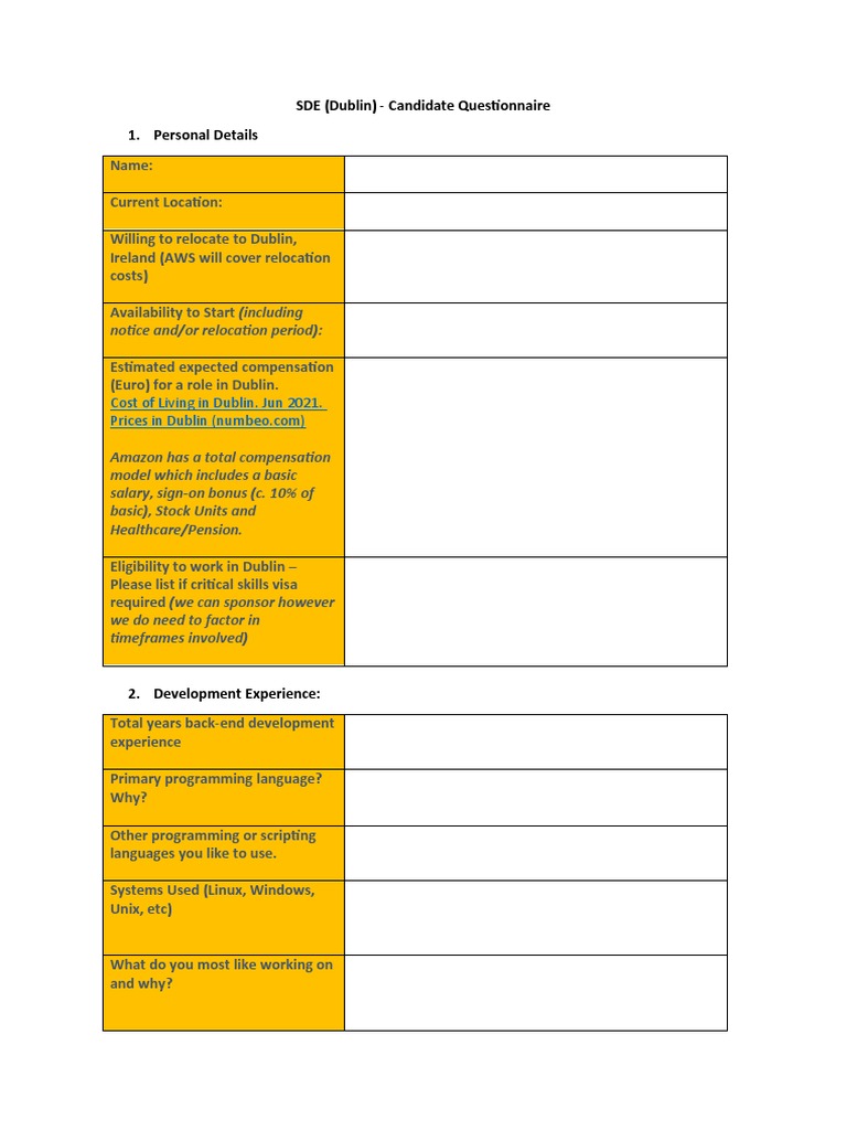 SDE Dublin - Candidate Questionnaire | PDF