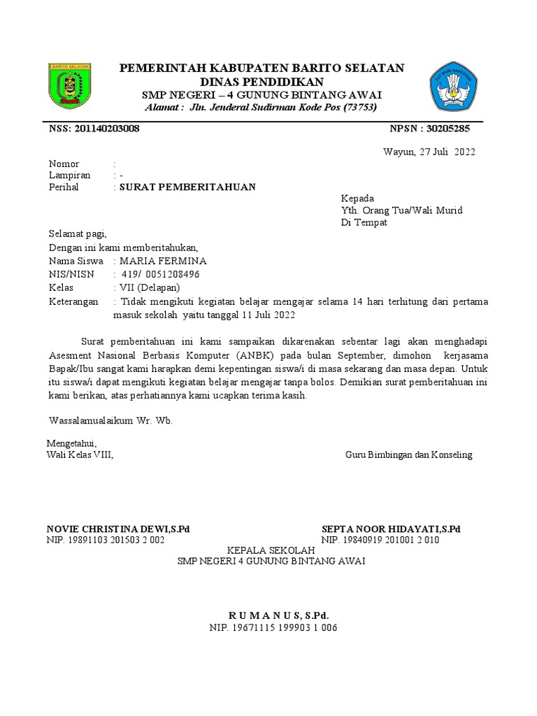 Pemberitahuan Ketidakhadiran Siswa SMP | PDF
