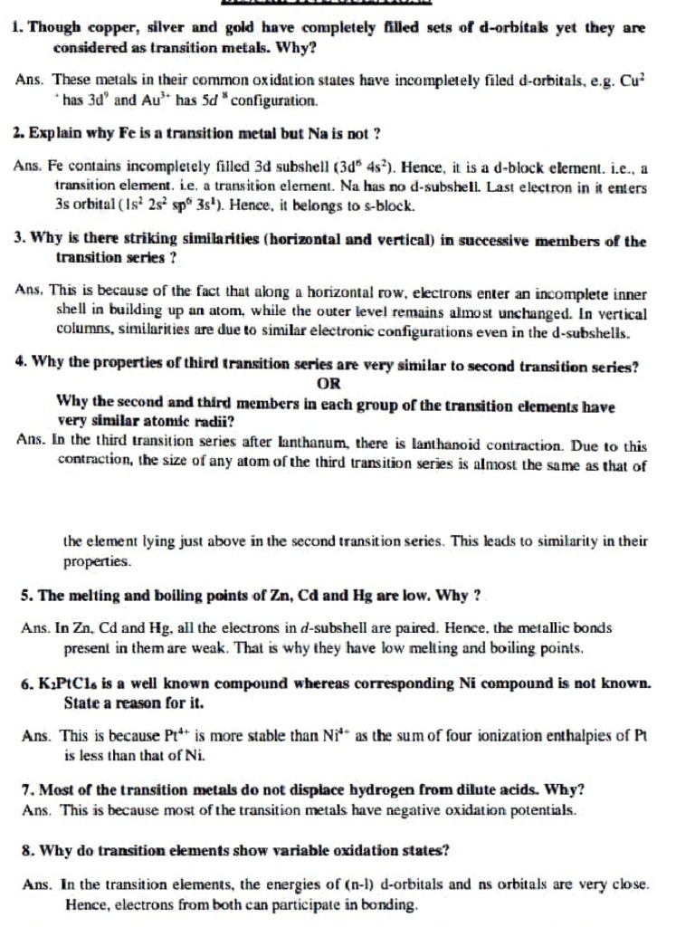 D Block Imp Questions | PDF | Transition Metals | Lanthanide