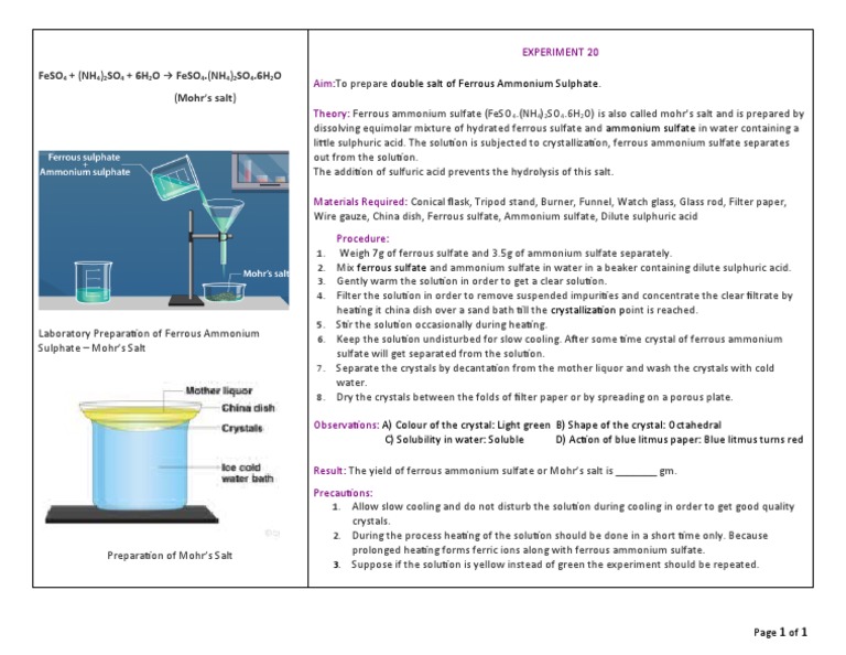 Preparation of Mohr's Salt in Lab | PDF | Sulfuric Acid | Filtration
