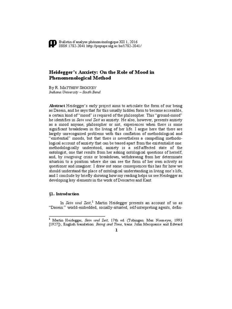 Heidegger's Anxiety - On The Role of Mood in Phenomenological Method | PDF