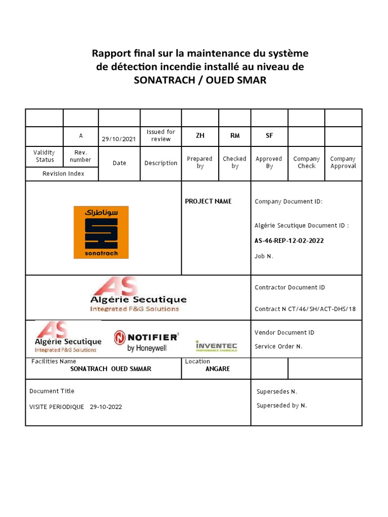 Rapport Final Sur La Maintenance Du Système de Détection Incendie Installé Au Niveau de ...