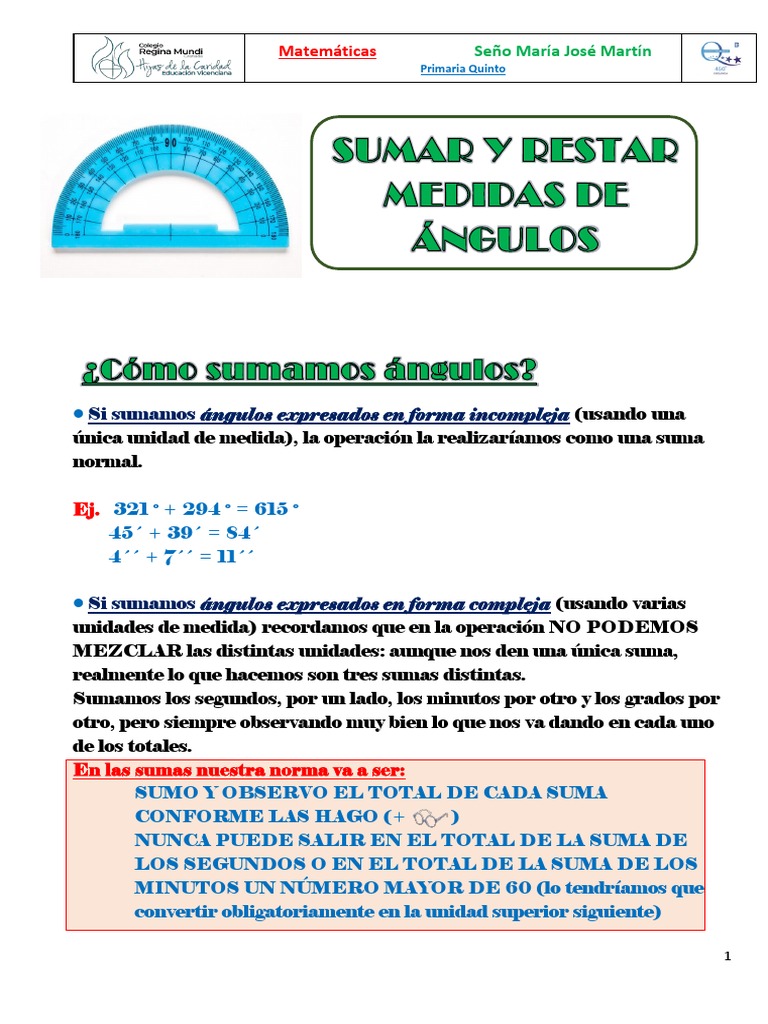 Sumar y Restar Medidas de Ángulos | PDF | Sustracción | Matemáticas