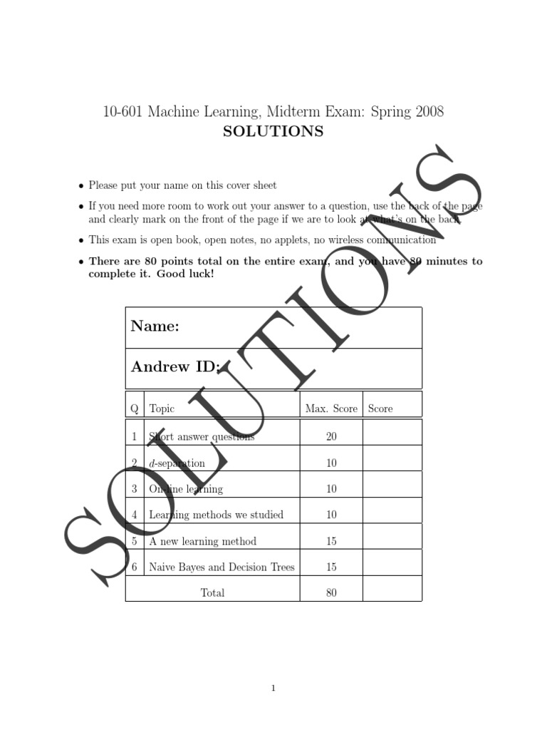 Midterm Solutions | PDF | Bias Of An Estimator | Statistical Classification